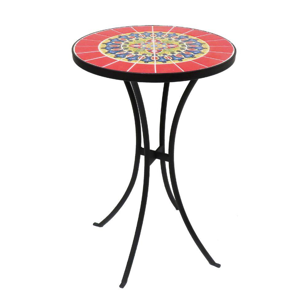 HOTEBIKE 14 in. Round Red Mosaic Outdoor Side Table with Concrete Tile ...