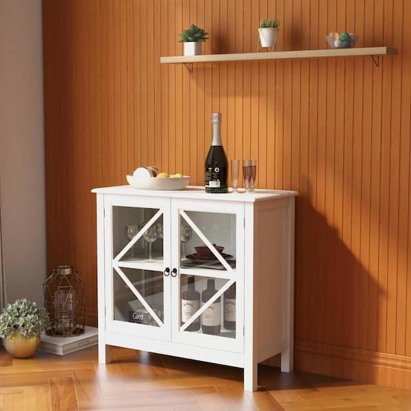 URTR Modern White Wood Kitchen Cabinet with Double Glass Doors Storage Cabinet for Living Room Dining Room Entryway