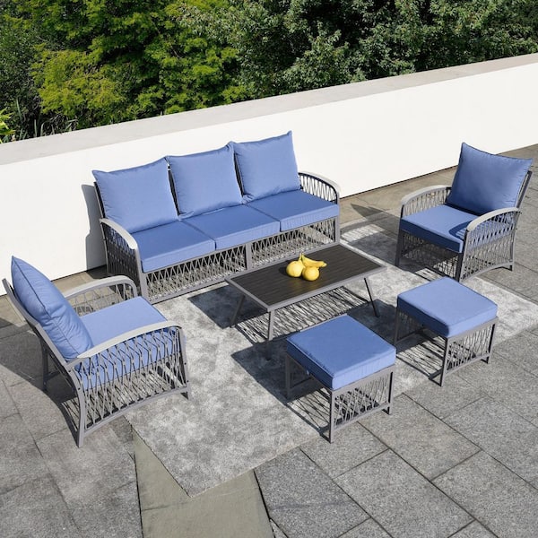 6-Piece Gray Metal Patio Conversation Set with Blue Cushions and Ottoman and Table for Backyard ...