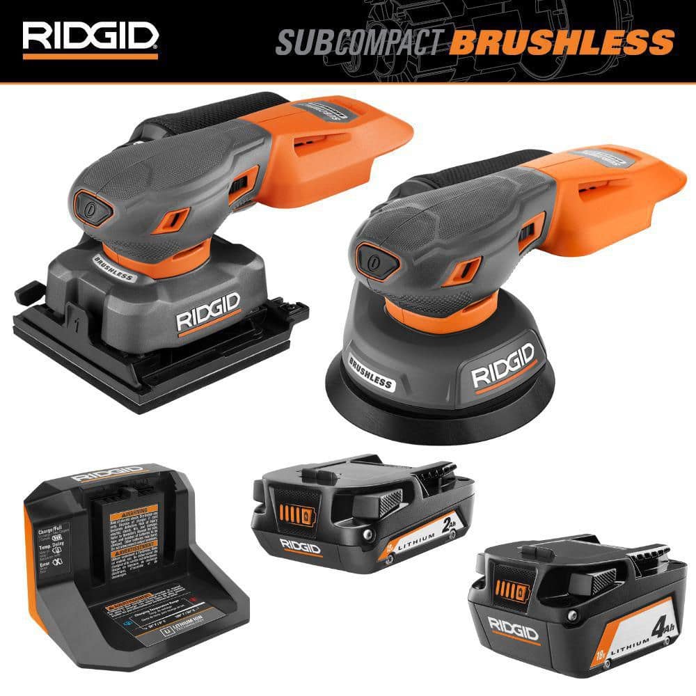 RIDGID 18V Subcompact Brushless Sander 2-Tool Kit with 18V 4.0 Ah and 2 ...