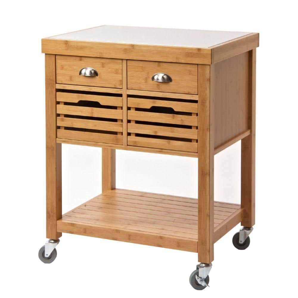 Benjara Brown Stainless Steel 2-Drawers Top Bamboo Kitchen Cart Island ...