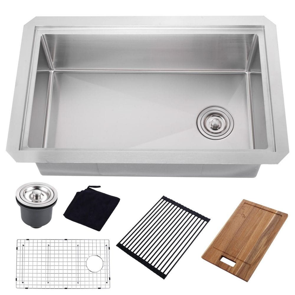 WOWOW 32 in. Drop-In/Undermount Single Bowl 16-Gauge Stainless Steel Kitchen Sink with Bottom ...