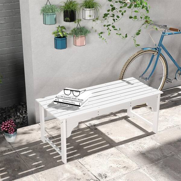 Outdoor Wooden Garden Backless Front Bench with Slatted Curved Seat for Conservatory Garden Poolside Deck White