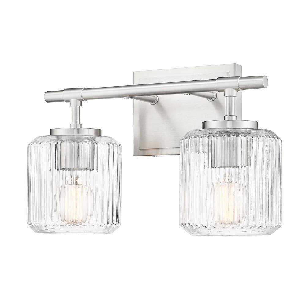 Landon 14 in. 2 Light Brushed Nickel Vanity Light with Clear Ribbed ...