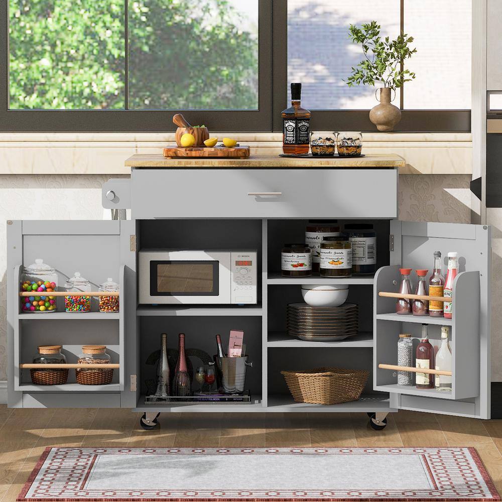 tunuo Gray Wood 39 in. Kitchen Island with Large divided Drawer ...