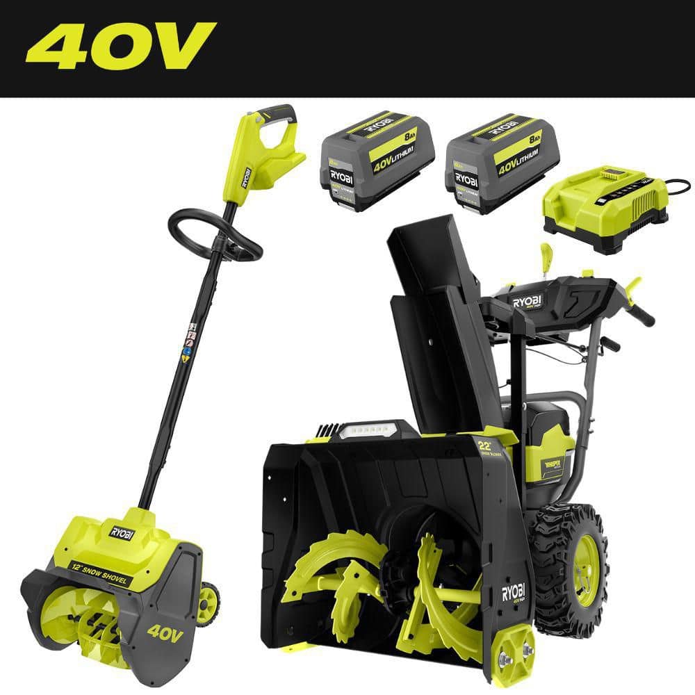 RYOBI 40V HP Brushless 22 in. 2-Stage Cordless Self-Propelled Snow Blower w/ 12 in. Snow Shovel ...