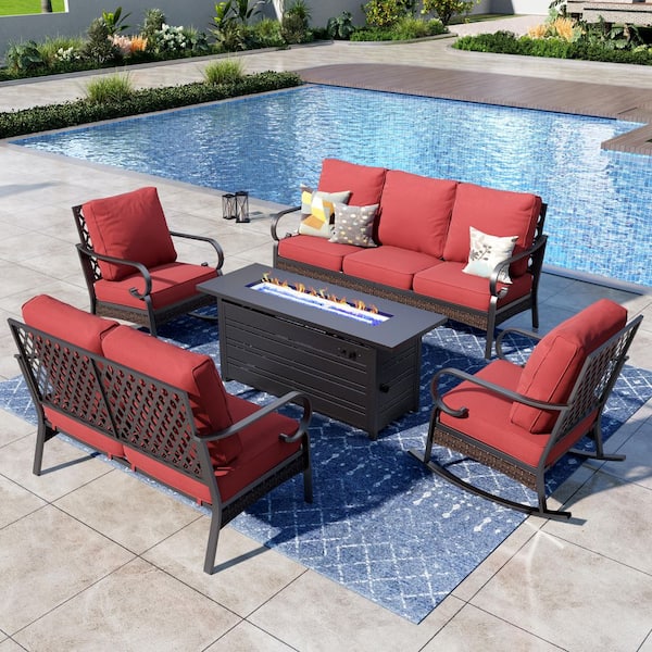 PHI VILLA 5-Piece Black Metal 7-Seats Fire Pit Patio Sets with Rocking ...