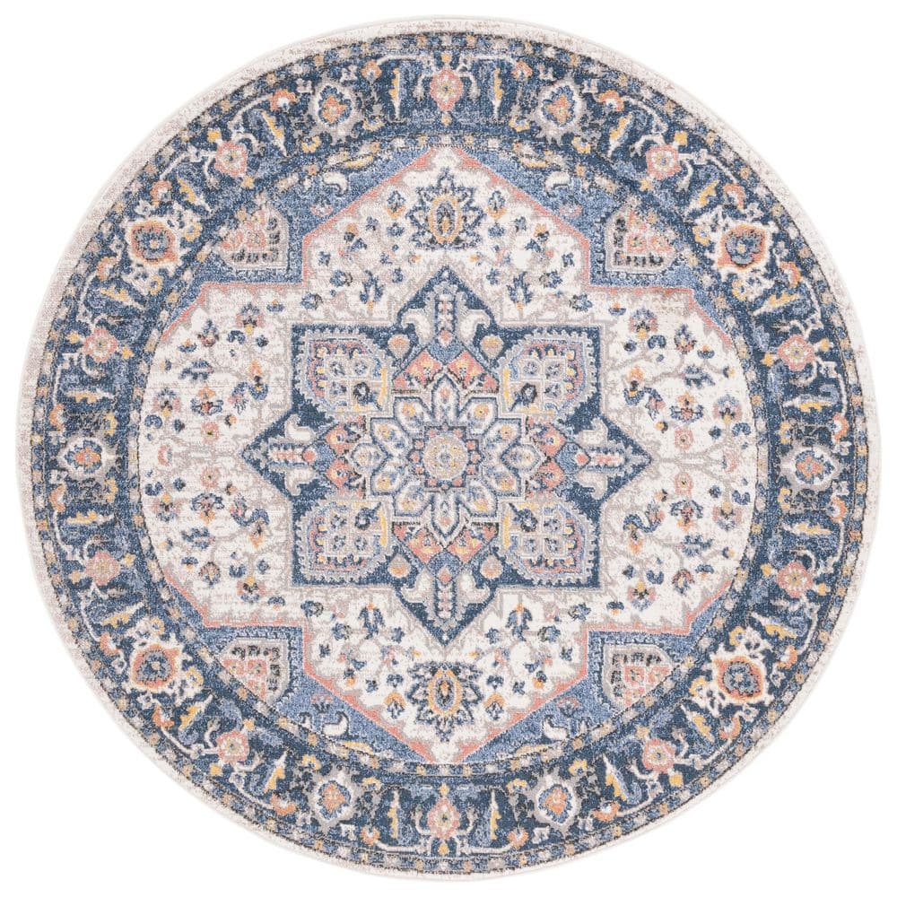 SAFAVIEH Astoria 7 ft. x 7 ft. Blue/Rust Border Medallion Round Area ...