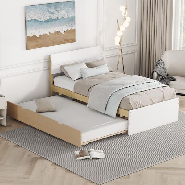 Qualler White and Light Oak Wood Frame Twin Size Platform Bed with Twin ...