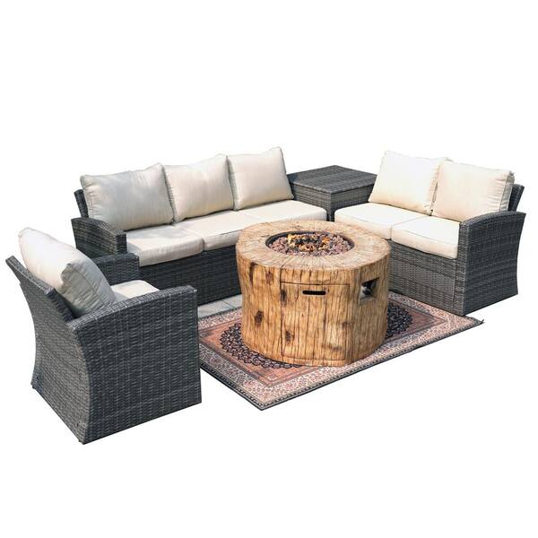 moda furnishings Venus 7-Piece Wicker Patio Conversation Set with Fire ...