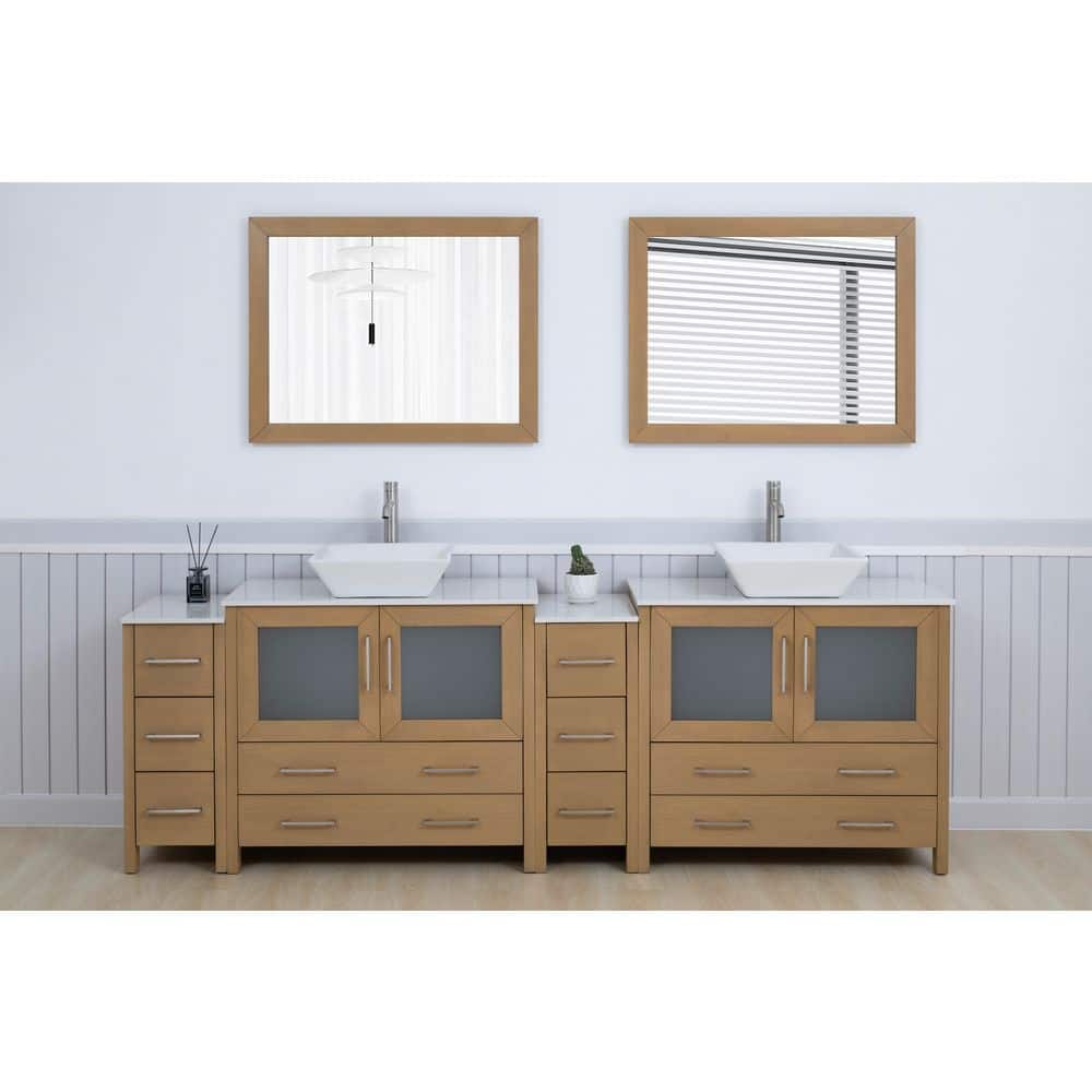 Vanity Art 96 in. W Double Basin Natural Oak Bath Vanity with White ...