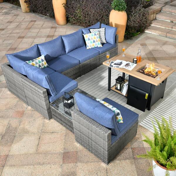 HOOOWOOO Messi Gray 8 Piece Wicker Outdoor Patio Conversation Sectional Sofa Set with a Storage Fire Pit and Denim Blue Cushions SFP HPO3008
