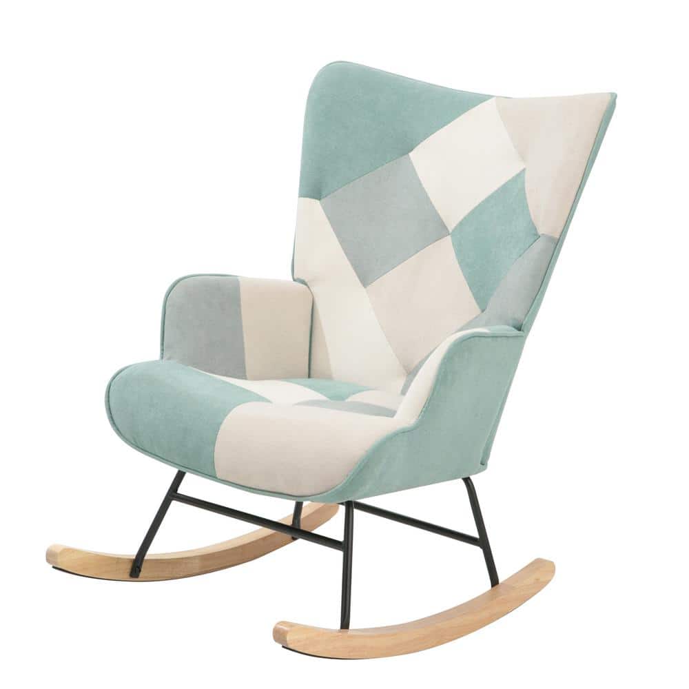 Mid Century Green Patchwork Linen Fabric Rocker Chair with Wood Legs LL ...