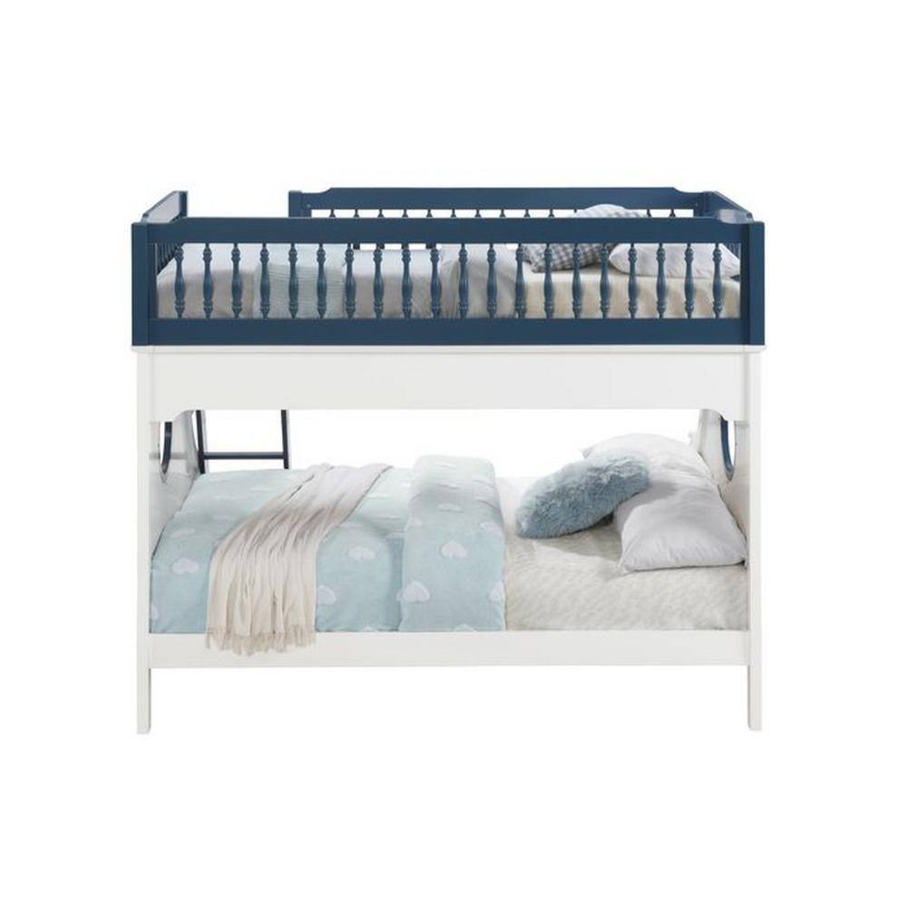 Benjara White and Blue Full Adjustable Bunk Bed with Baluster Style ...