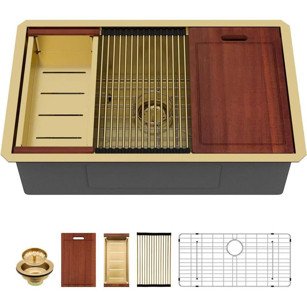 R10 Radius 32 in. Undermount Single Bowl 16 Gauge Gold Stainless Steel ...