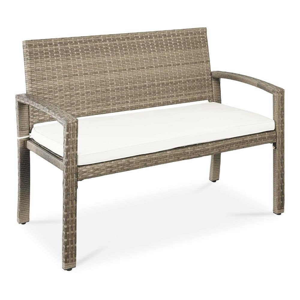 47" 2-Person Taupe Wicker Outdoor Bench with Sand Cushion L0F79MRHZ8 ...