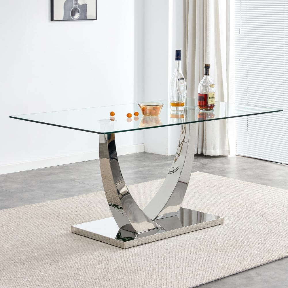 Polibi Modern Rectangle Silver Glass Pedestal Dining Table Seats for 6 ...