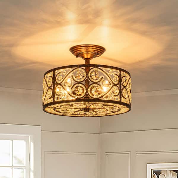HUOKU Iridescent 13.8 in.W 4-Light Antique Copper Glam Semi-Flush Mount ...