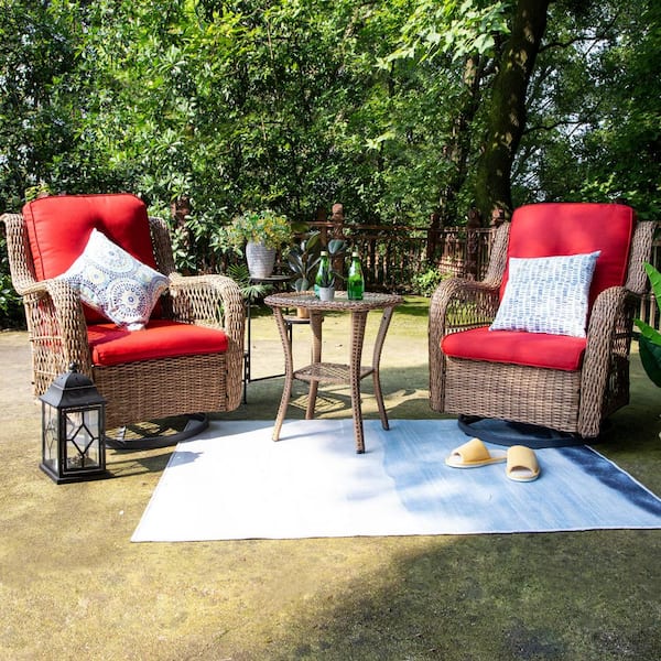 MeetLeisure 3-Piece Yellow Swivel Wicker Outdoor Rocking Chair with Red ...