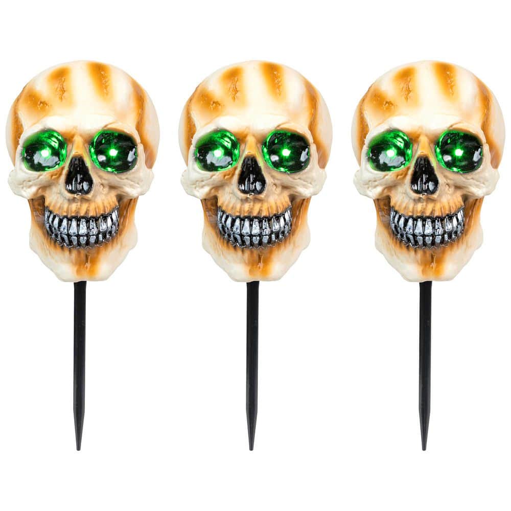 Northlight 15 in. Set of 3 Lighted Skeleton Head Halloween Yard Stake ...