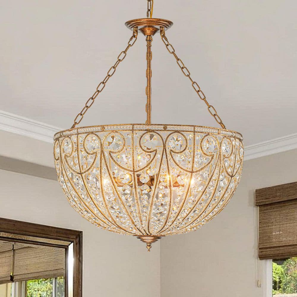 HUOKU Iridescent 6-Light 23.6 in.W Antique Brass Basket Bowl Chandelier ...