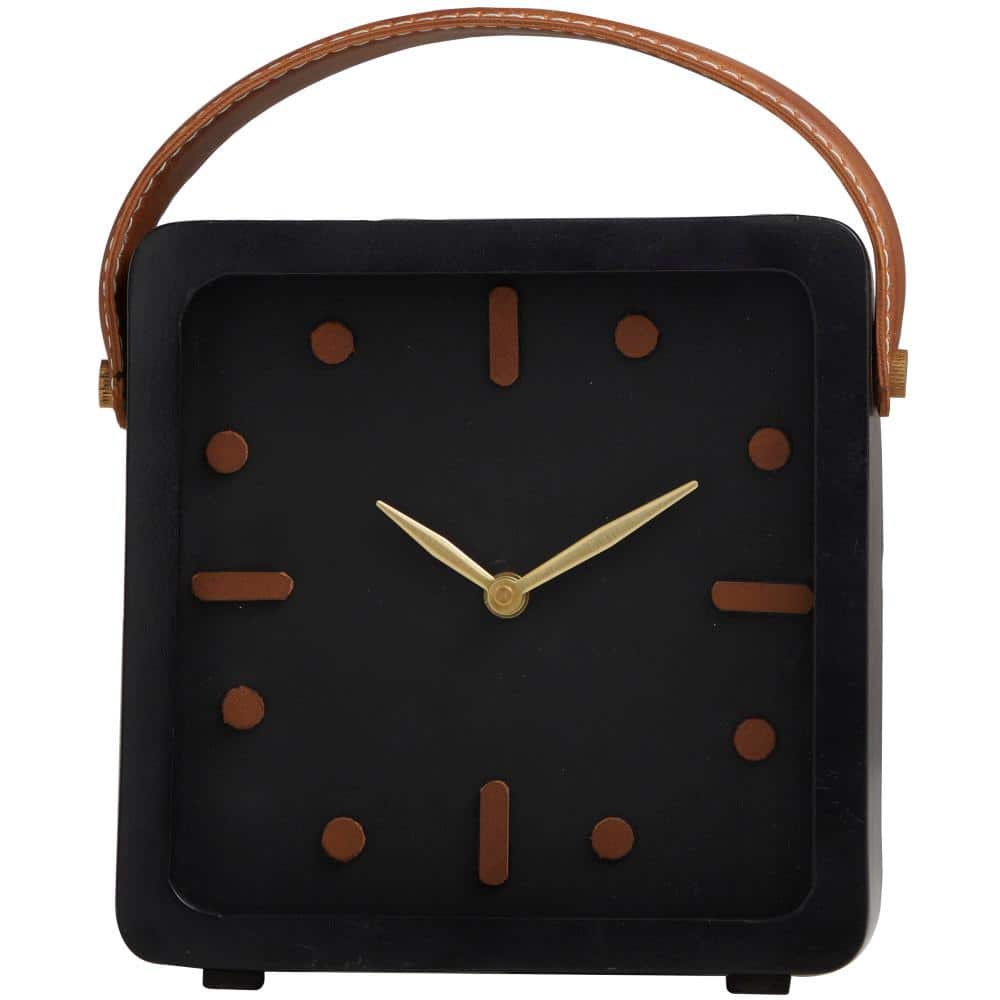 Litton Lane Black Metal Small Clock with Leather Handle and Hour ...