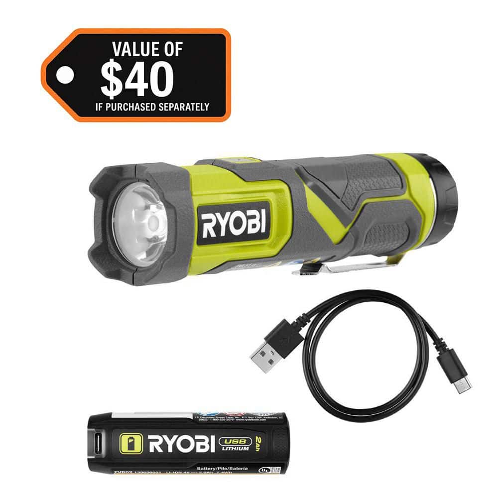 RYOBI USB Lithium Cordless Compact LED 3-Mode Flashlight Kit with 2.0 ...