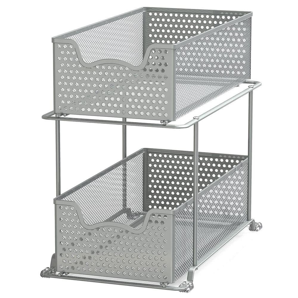 Silver 8 in. x 12.8 in. Metal Modern 2-Tier Desk Organizer Drawer ...