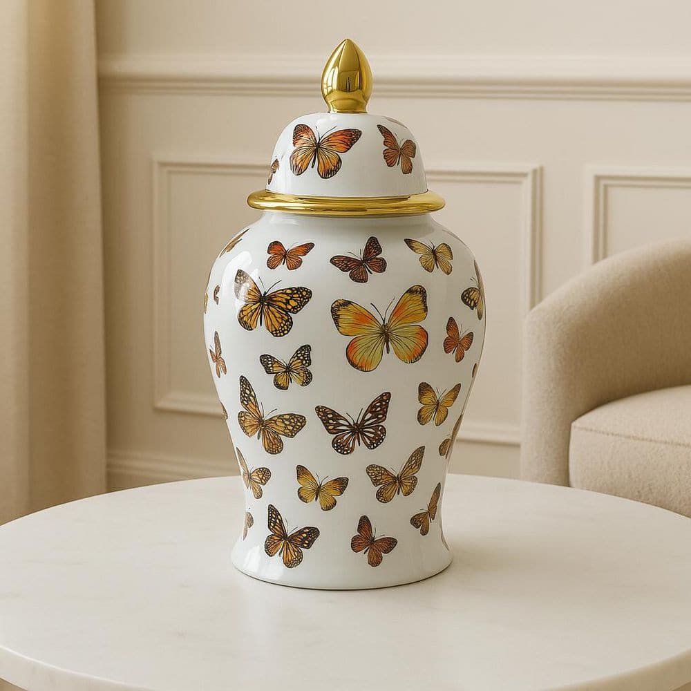 Liv & Skye 18 in. Multi-Colored Ceramic Butterflies Temple Jar 22057-03 ...