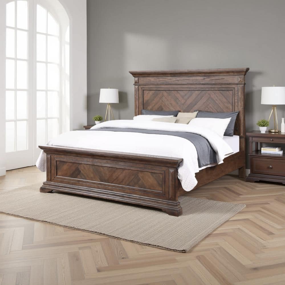 Benjara Marv Brown Wood Frame Queen Size Panel Bed with Parquet Pattern ...