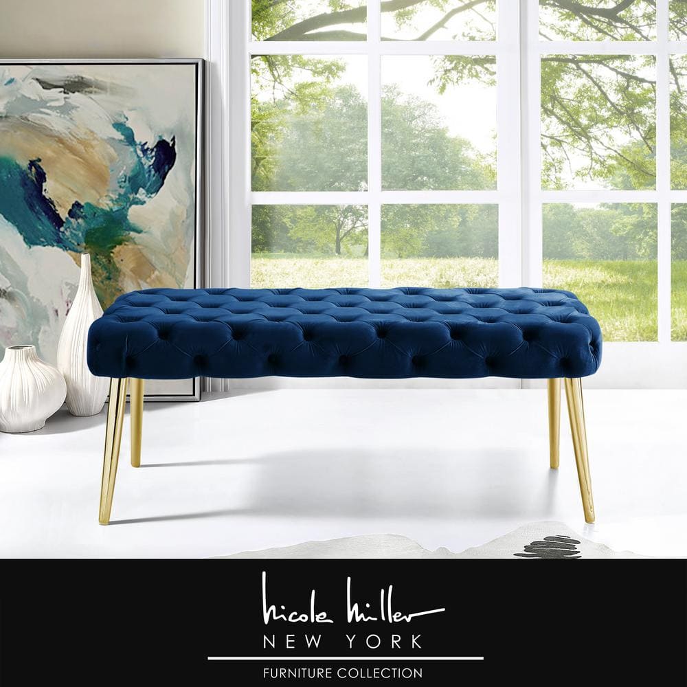 Nicole Miller Shannyn Navy/Gold Velvet Bench with Button Tufted Metal ...