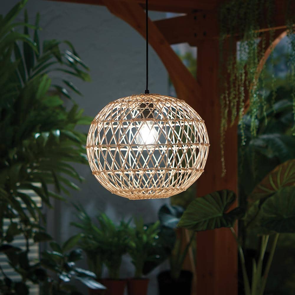Hampton Bay Ashville 1-Light Brown Rattan LED Outdoor Solar Pendant ...