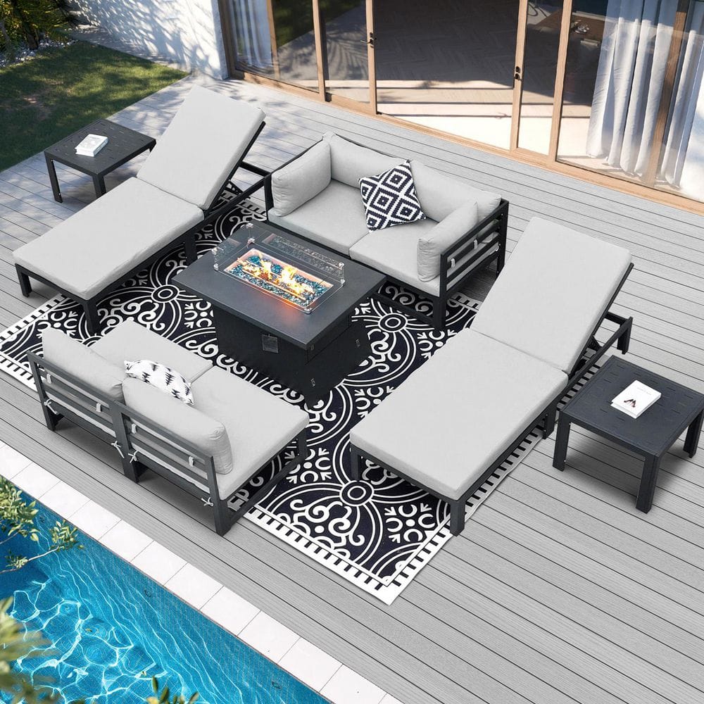 FINCATI 9-Piece Outdoor Gray Aluminum Patio Furniture Conversation Set ...