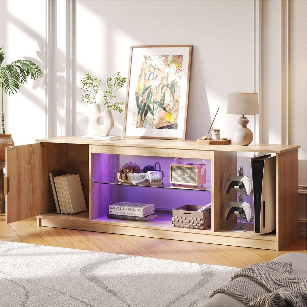 Bestier 57 in. Natural Wood Color Fluted TV Stand Fits TV Up to 65 in ...