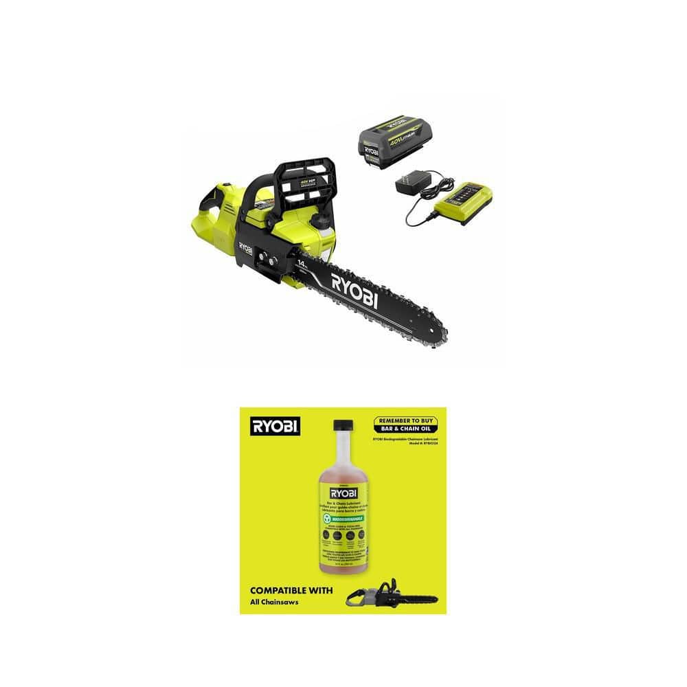 RYOBI 40V HP Brushless 14 in. Chainsaw with 4.0 Ah Battery and 24 oz ...