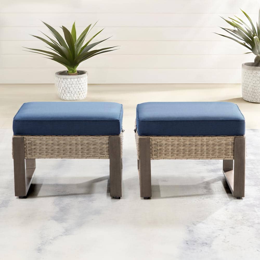 JOYSIDE Wicker Outdoor Patio Ottoman with Steel Frame and Dark Blue ...