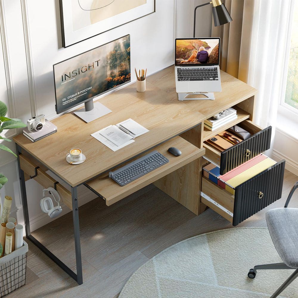 Bestier 55 in. Log 2-Drawers Writing Computer Desk with Open and File ...