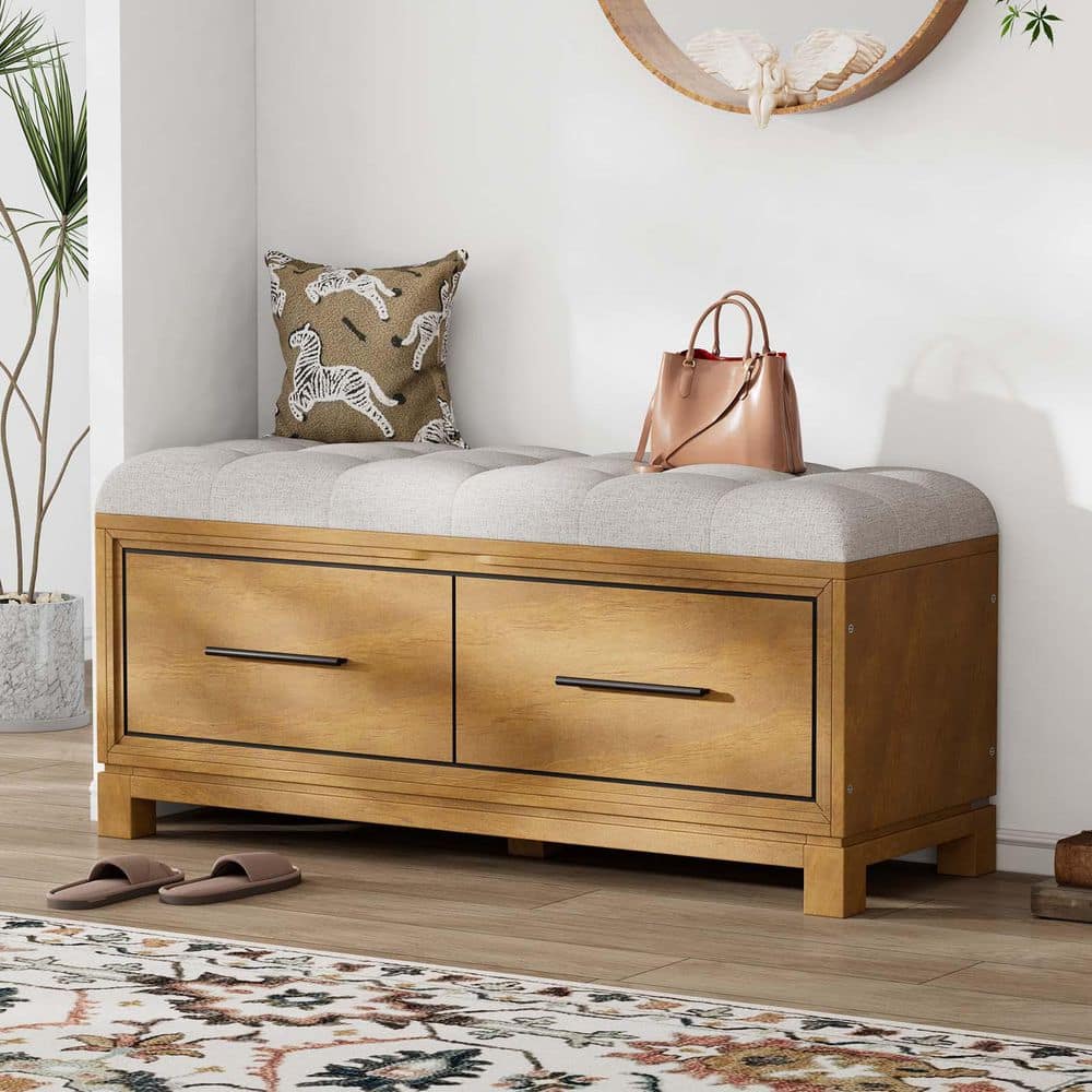 Natural 43 in. MDF Modern Storage Bench Organizer Shoe Bench Entryway ...