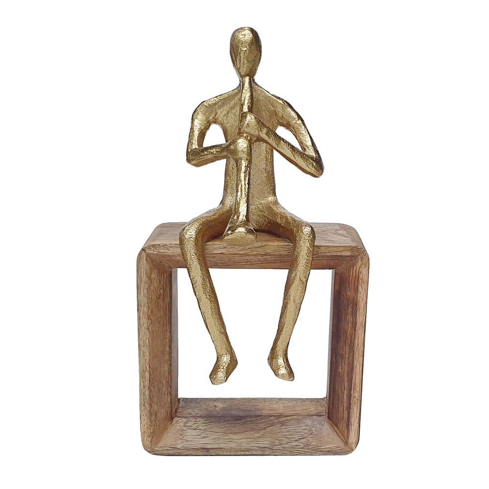Gold 4 in. x 10 in. Aluminium Musician Figure with Mango Wood Base for ...