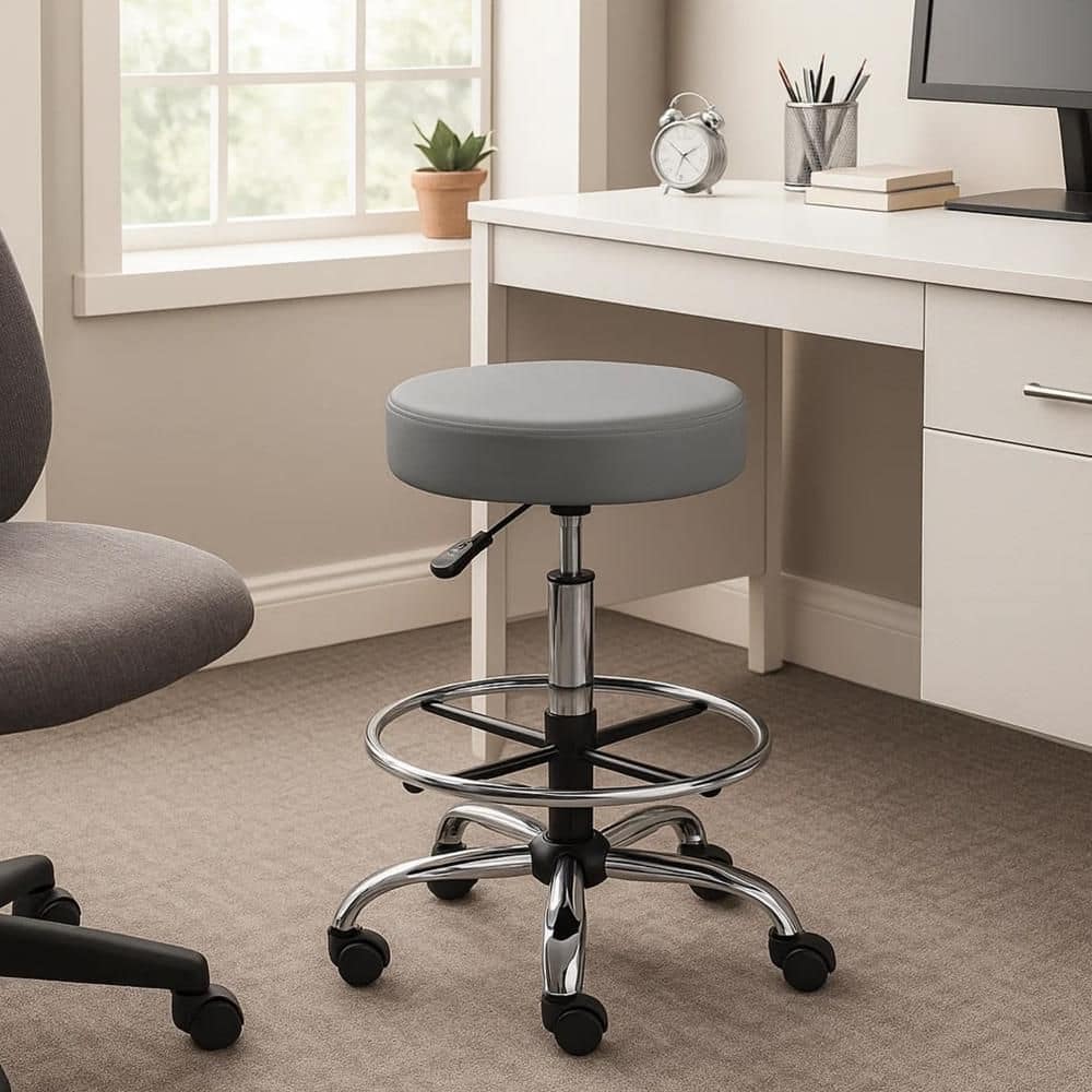 Benjara Fea Vinyl Footring Ergonomic Office Stool in Gray, Chrome and ...