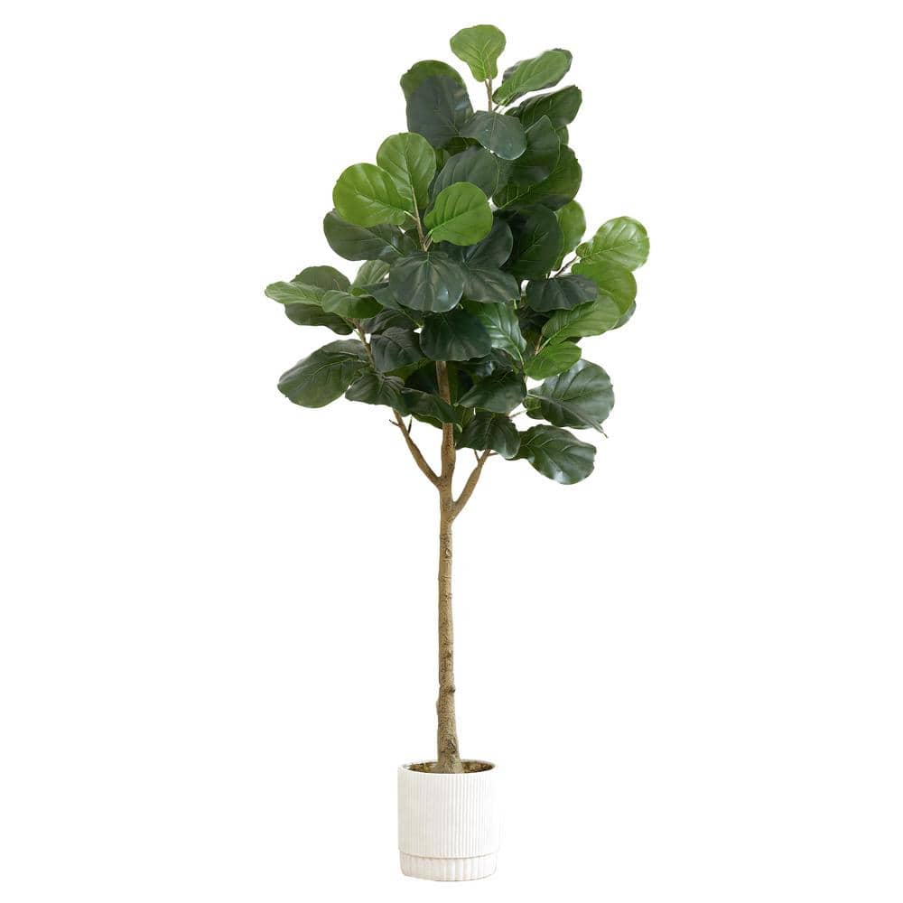 Nearly Natural 72 in. Green Artificial Fiddle Leaf Fig Tree in White ...