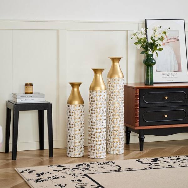 PRIMROSE CARNATION LLC 33 in. White and Gold 3D Relief Flower Cylinder ...