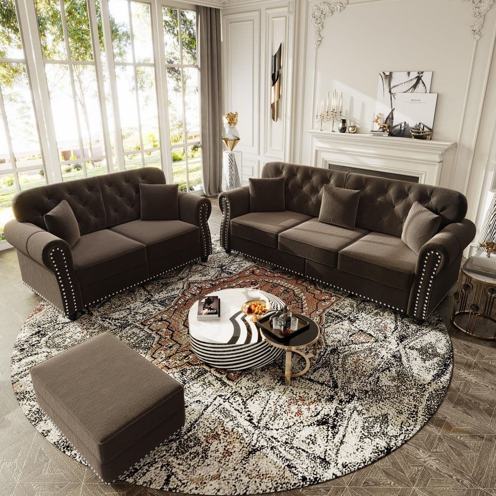 Harper & Bright Designs Chesterfield 3-Piece Brown Velvet Sectional ...