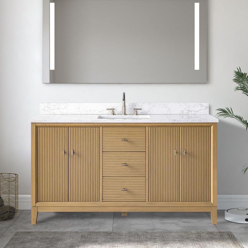 Vanity Art 60 in. W Single Sink Freestanding Natural Oak Bath Vanity Cabinet with Arabescato ...