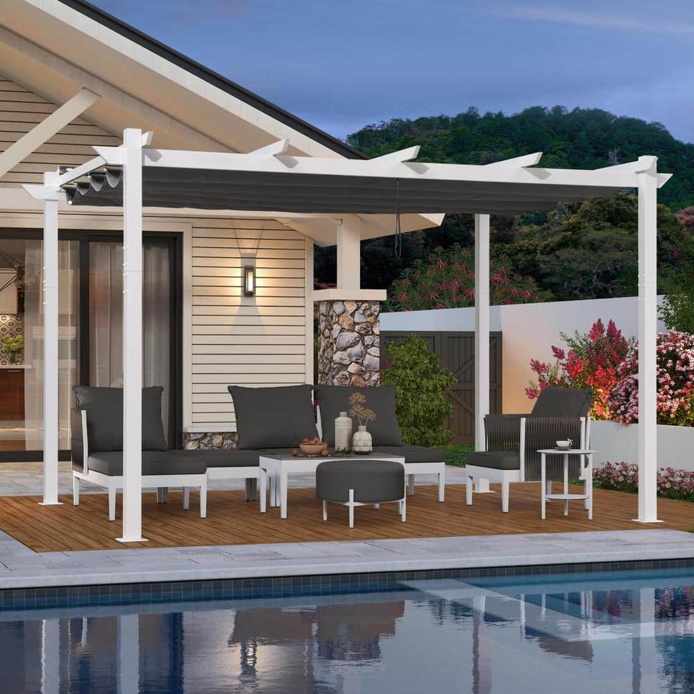 PURPLE LEAF 10 ft. W x 13 ft. D Patio White Aluminum Pergola with Gray ...