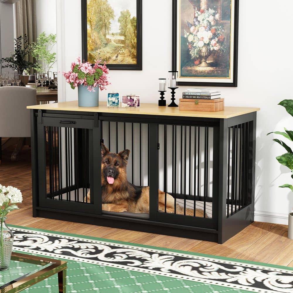 FUFU&GAGA Wooden Large Dog Crate, Heavy Duty Dog Kennel with Sliding Door for Large Medium Small ...
