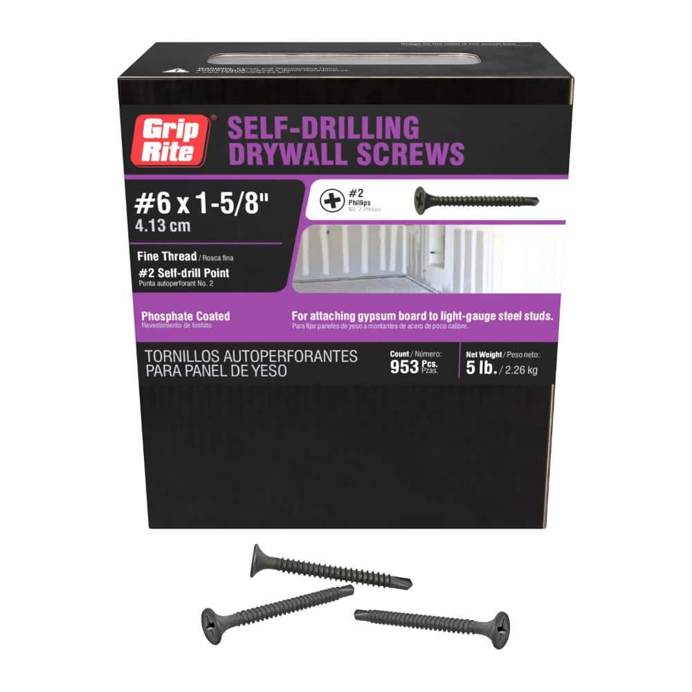 Grip-Rite #6 1-5/8 in. #2 Phillips Bugle Head Fine Thread Self-Drilling ...