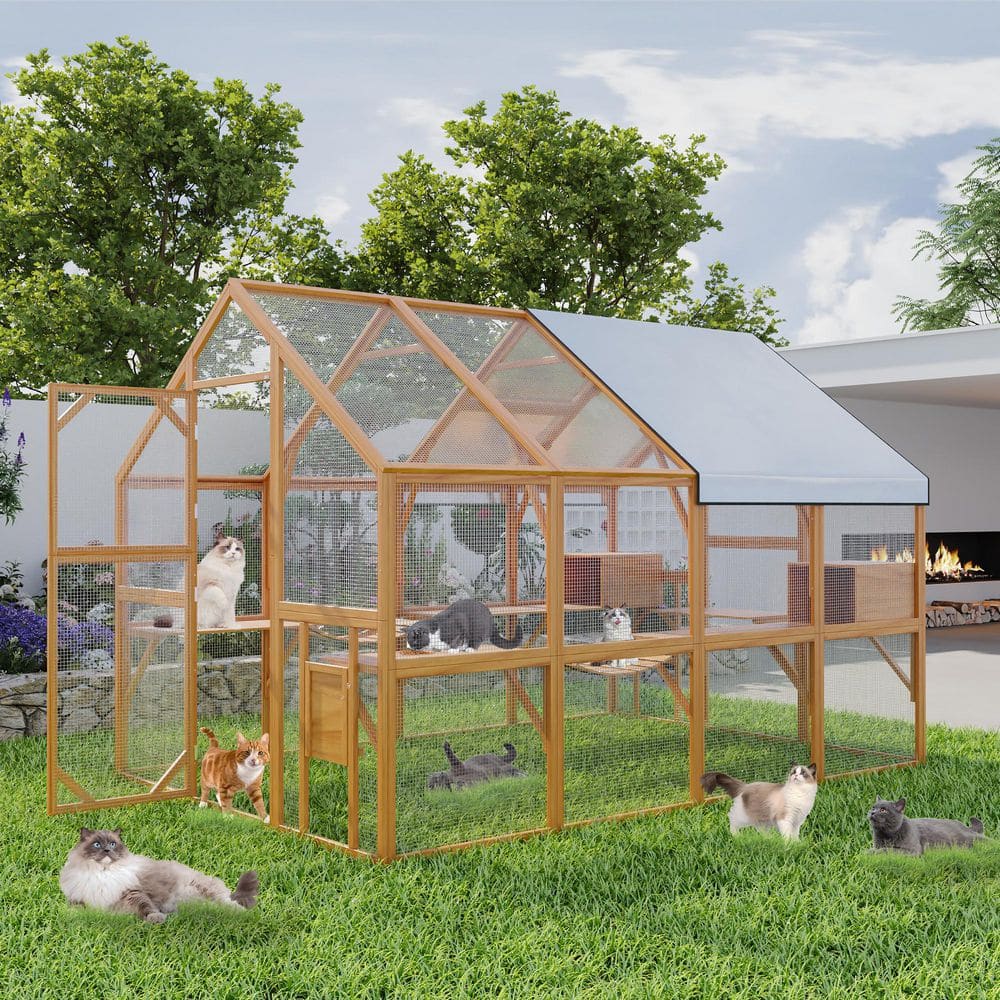 FUFU&GAGA Large Wooden Outdoor Cat House, 57.2 sq. ft. Cat Run ...