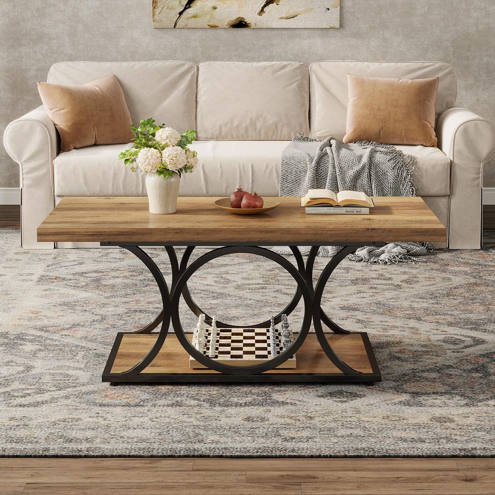 BYBLIGHT Allan 47.2 in. Brown Rectangle Wood Coffee Table, 2-Tier ...