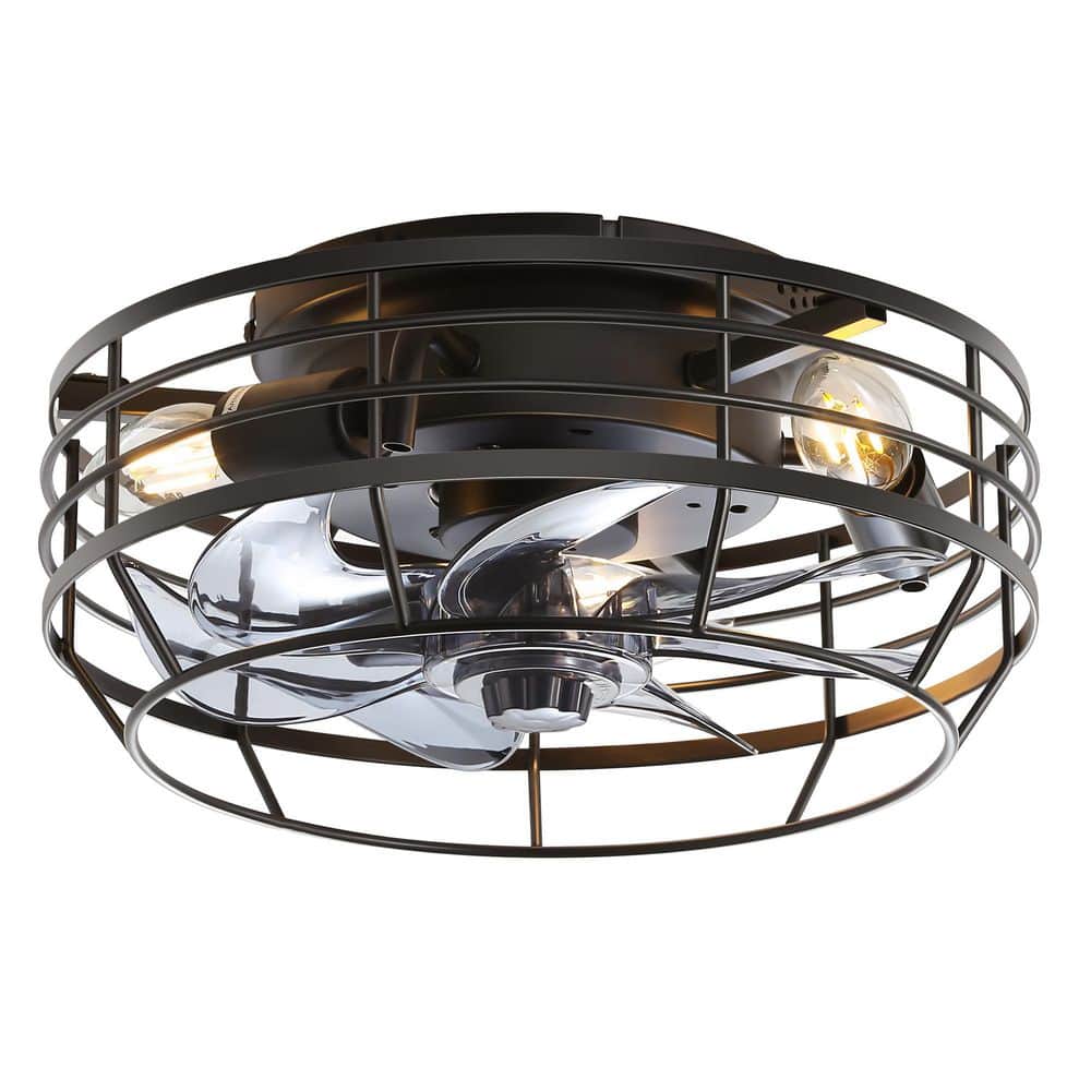 Breezary Sampson 12 in. 3-Light Indoor Black Flush Mount Small Caged ...